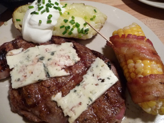 Bacon Wrapped Grilled Corn with Blue Cheese Ribeye Steak Dinner ...